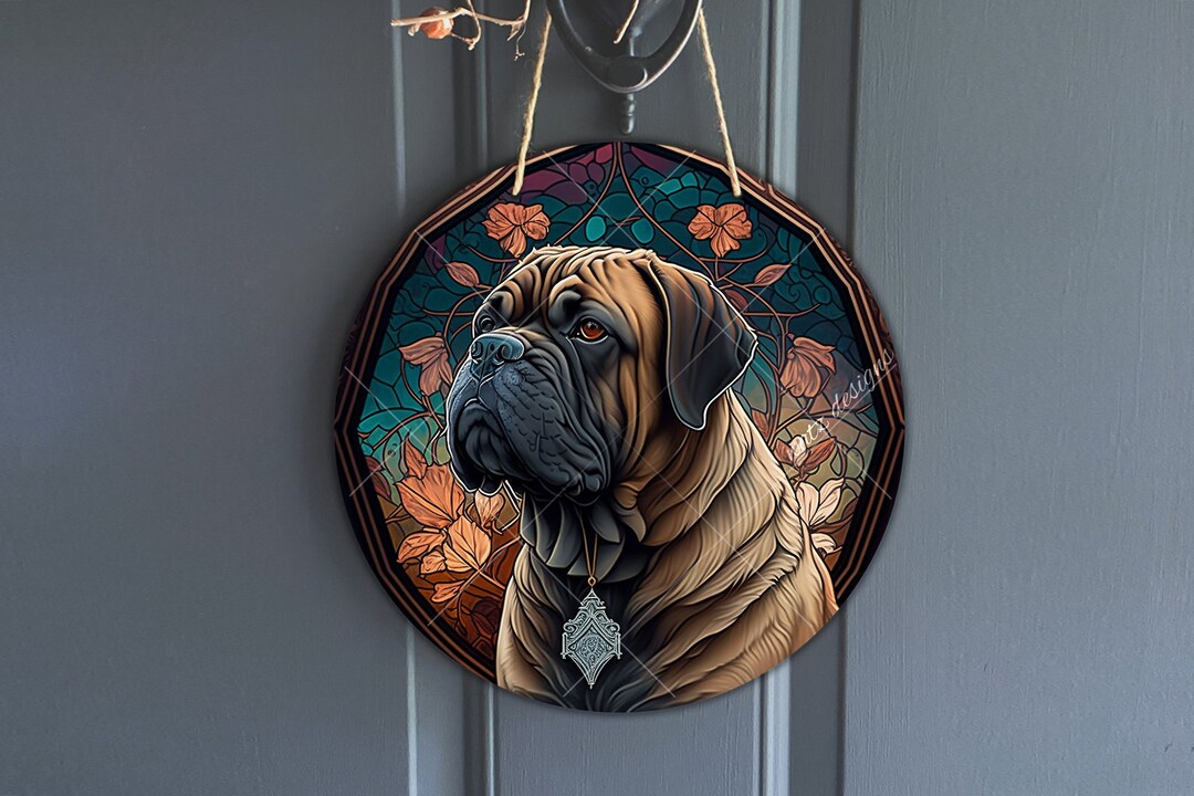 Faux Stained Glass Bull Mastiff Sign, Round Vintage Gentle Giant Sign ...