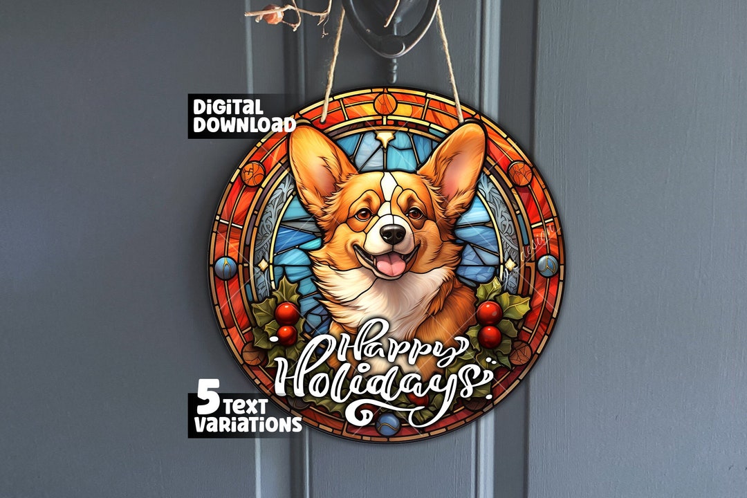 Christmas Faux Stained Glass Corgi Sign, Round Corgi Sign for Wreath ...