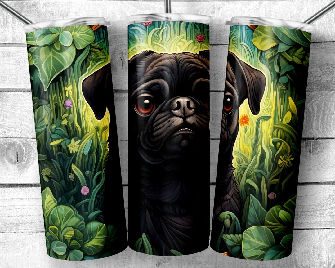 Black Pug Stained Glass 20oz Skinny Tumbler Design, Pug Dog Ornate ...