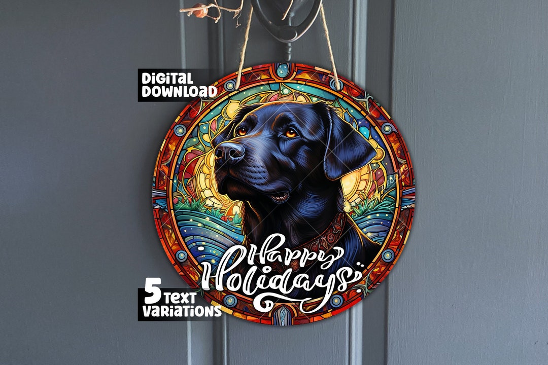 Christmas Faux Stained Glass Black Lab Sign, Round Lab Sign for Wreaths ...
