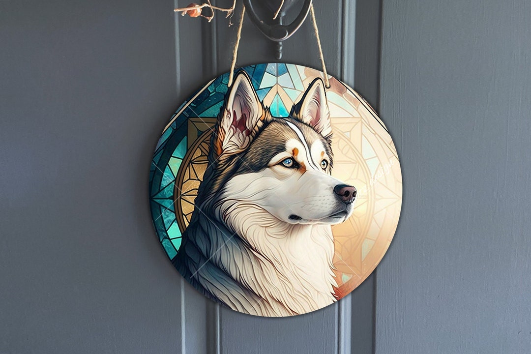 Faux Stained Glass Husky Sign, Round Vintage Snow Dog Sign for Wreaths ...