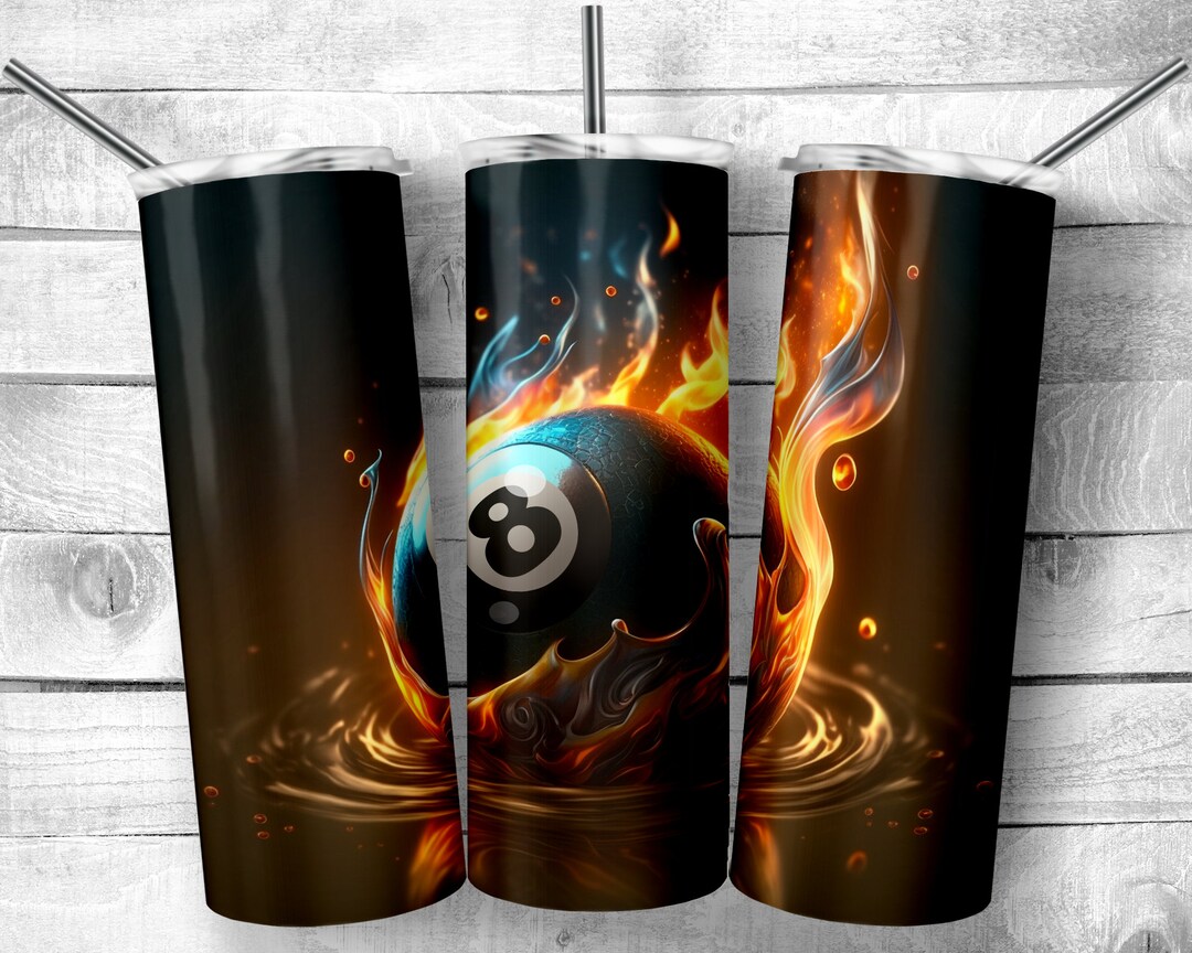 Flaming Pool Ball 20 Oz Skinny Tumbler Sublimation Design, 8 Ball on ...