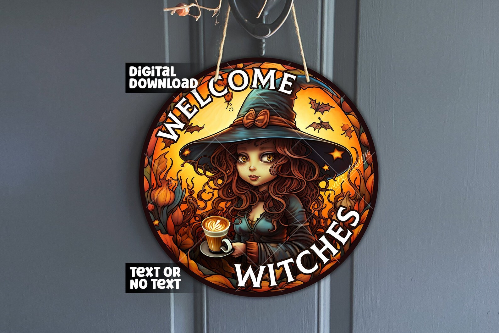 Welcome Witches Faux Stained Glass Door Hanger, Cute Cartoon Witch Sign ...