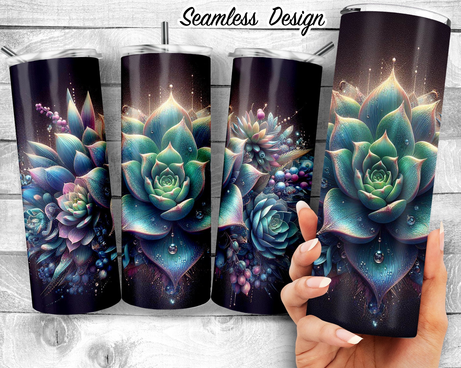 Wet Succulents in Greens and Blues 20oz Skinny Tumbler, Aqua Plants ...