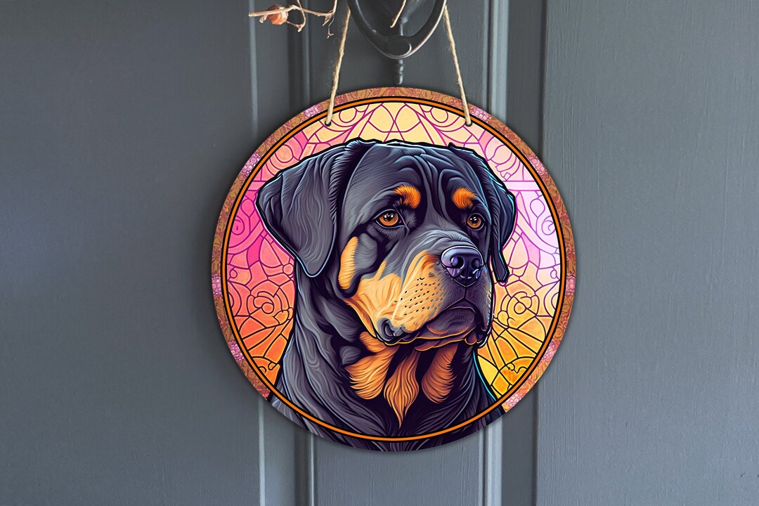 Faux Stained Glass Rottweiler Sign, Round Vintage Rottie Decor for ...
