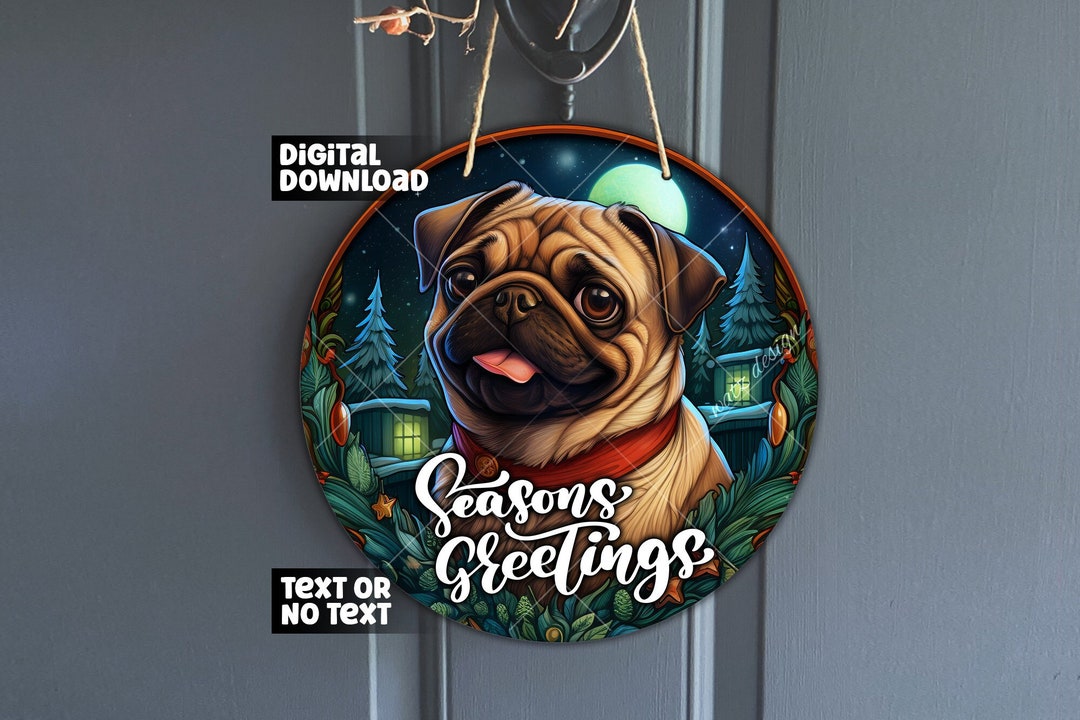 Christmas Faux Stained Glass Pug Sign, Round Pug Sign for Wreaths ...