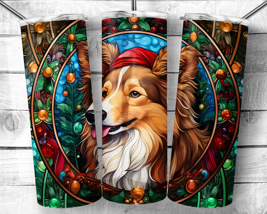 Christmas Sheltie Stained Glass 20oz Skinny Tumbler Design, Shetland ...