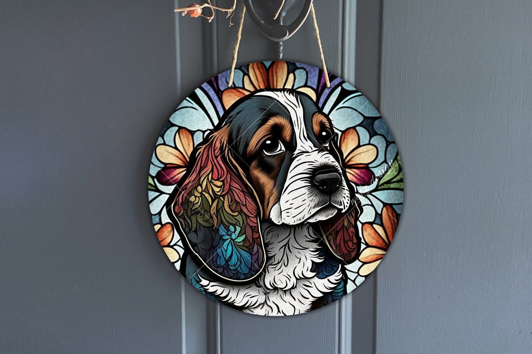 Faux Stained Glass Cartoon Basset Hound Sign, Round Chibi Basset Sign ...