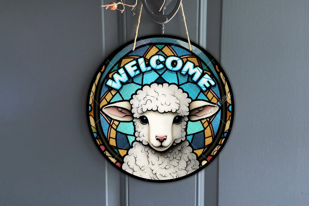 Faux Stained Lamb Glass Door Hanger Design, Cute Sheep Welcome Sign for ...