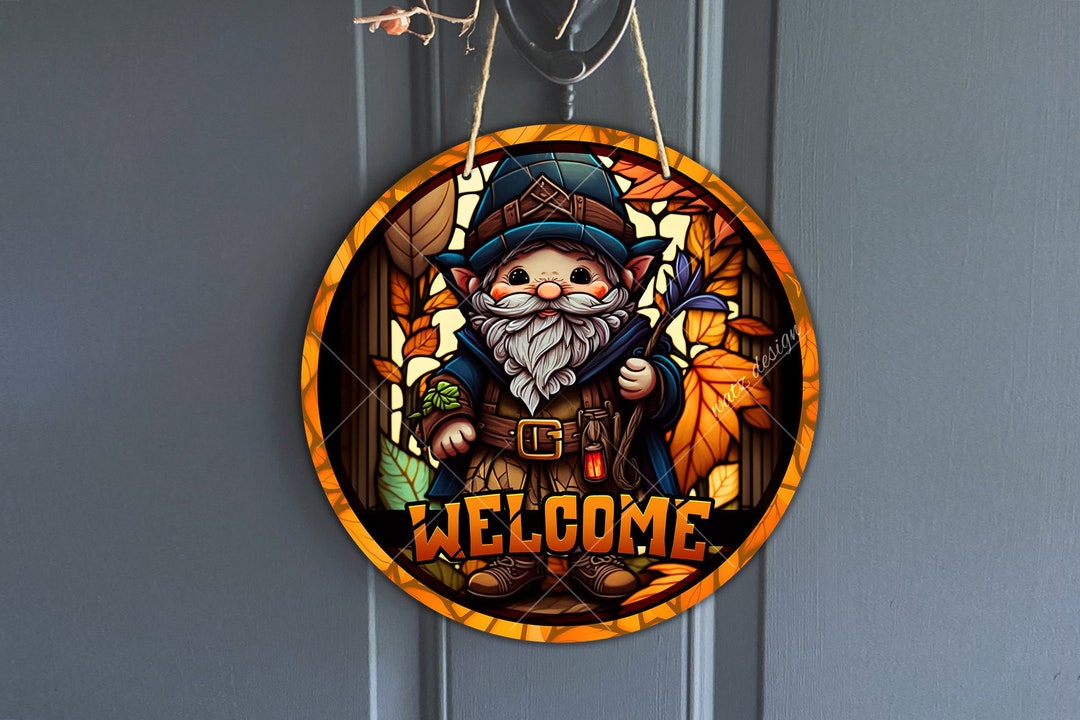 Faux Stained Glass Fall Gnome Round Sign - Cute Autumn Gnome ...