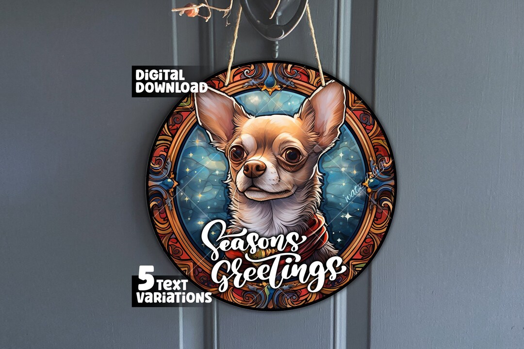 Christmas Faux Stained Glass Chihuahua Sign, Round Chiwawa Sign for ...