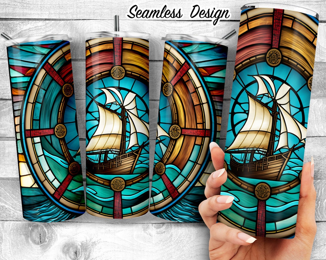 Faux Stained Glass Ships Wheel 20oz Skinny Tumbler Design, Captain's ...