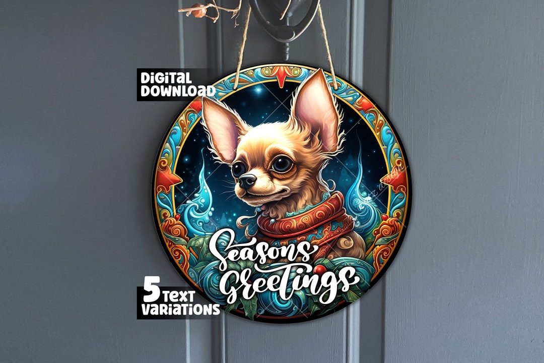 Christmas Faux Stained Glass Chihuahua Sign, Round Chiwawa Sign for ...
