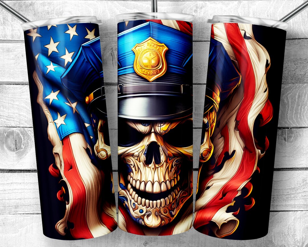 Patriotic Police Skull With American Flag 20oz Skinny Tumbler Design ...