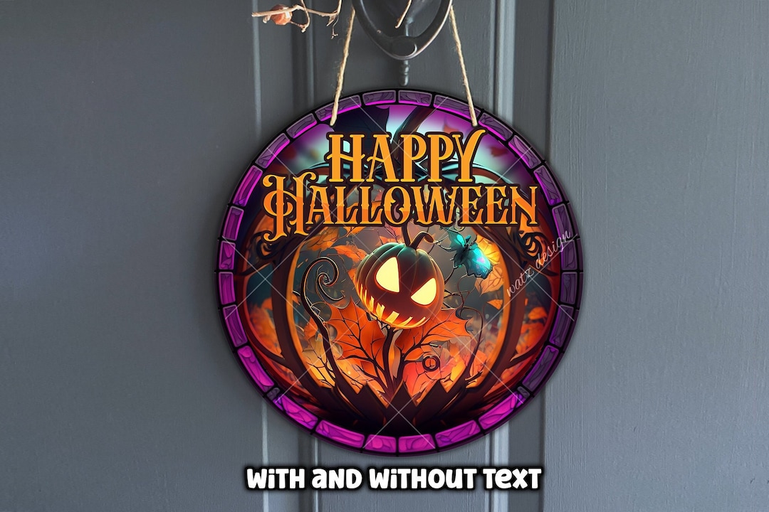 Happy Halloween Jack-o'-lantern Faux Stained Glass Door Hanger ...