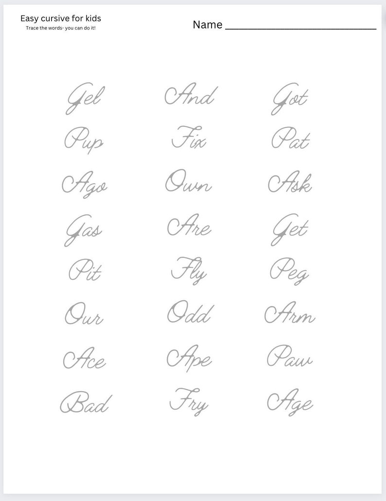 Easy Cursive Practice for Kids - Etsy