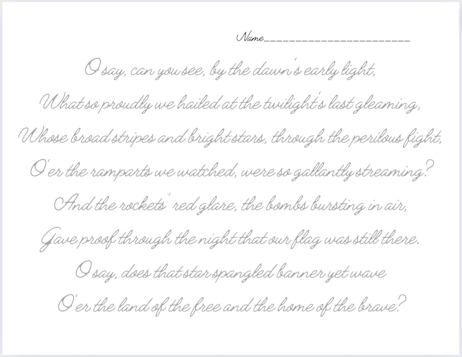 Star Spangled Banner Cursive Practice - Etsy