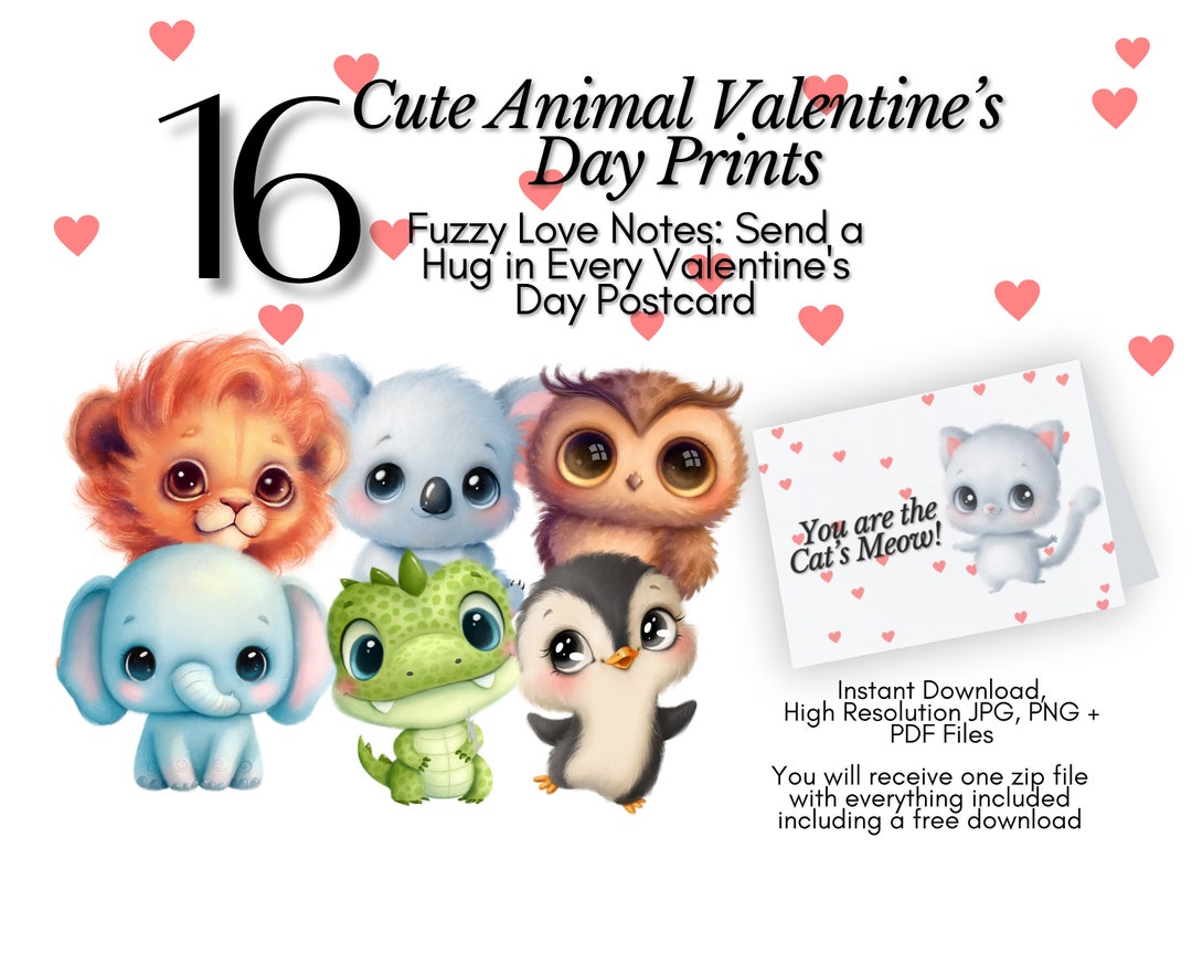 Instant Download Adorable Animal Valentine's Day Printable Postcards ...