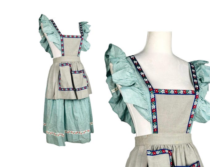 Vintage Pinafore Ruffle Apron Dress, Cottage Core Floral Apron Bib ...