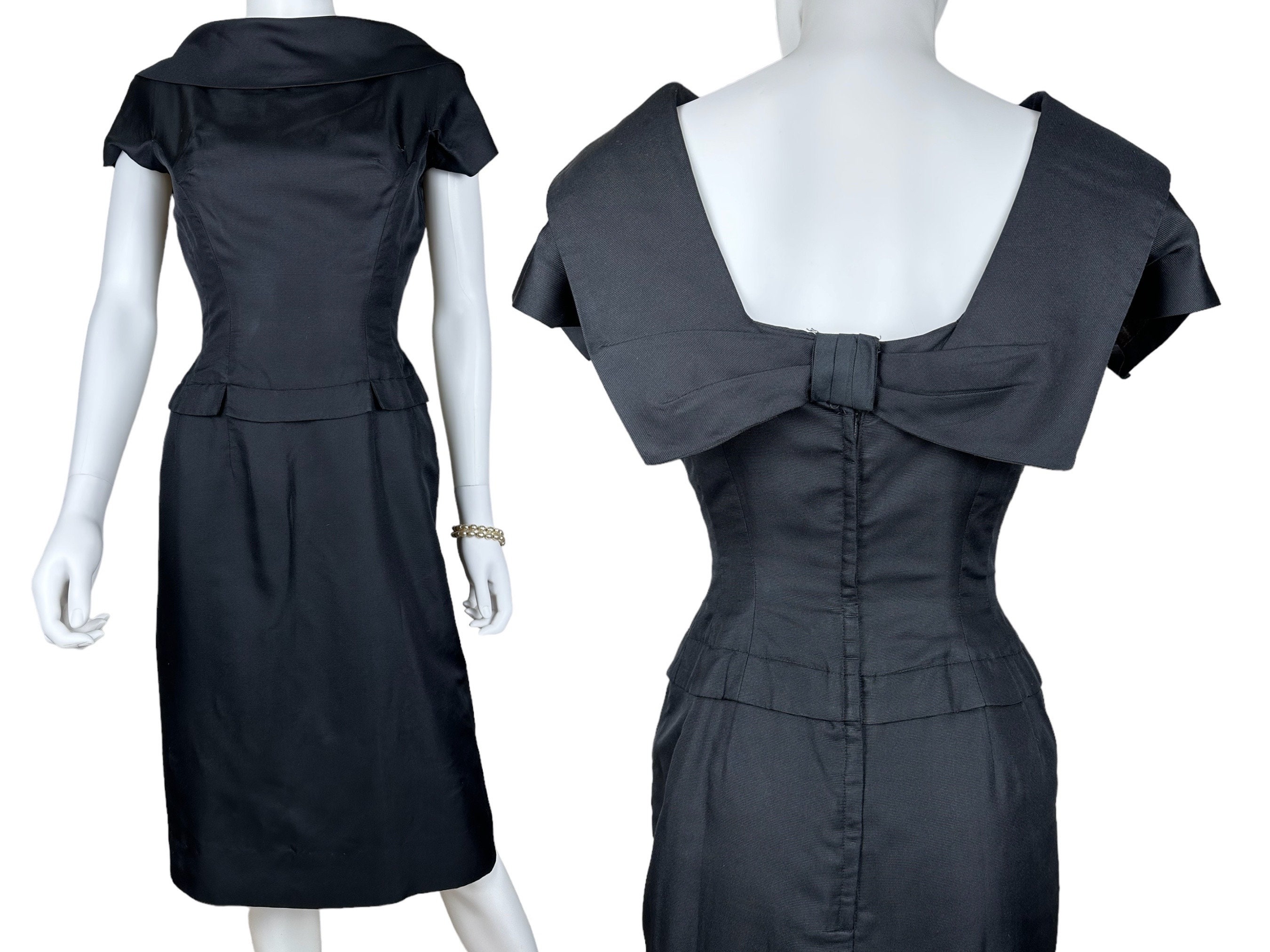 Vtg 50s Black Portrait Collar Dress, Cinched Bodice Peplum Pencil Skirt ...
