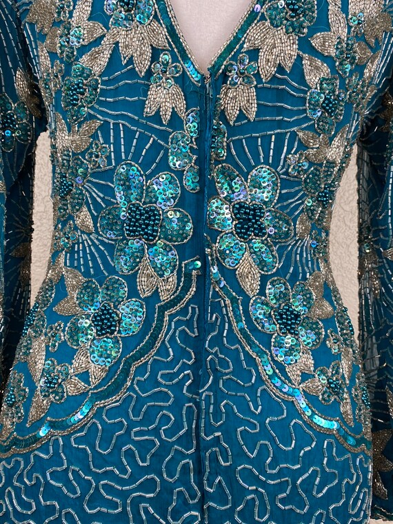 Teal Silk Beaded Dress Vintage 80s Cutout Keyhole Lon… - Gem