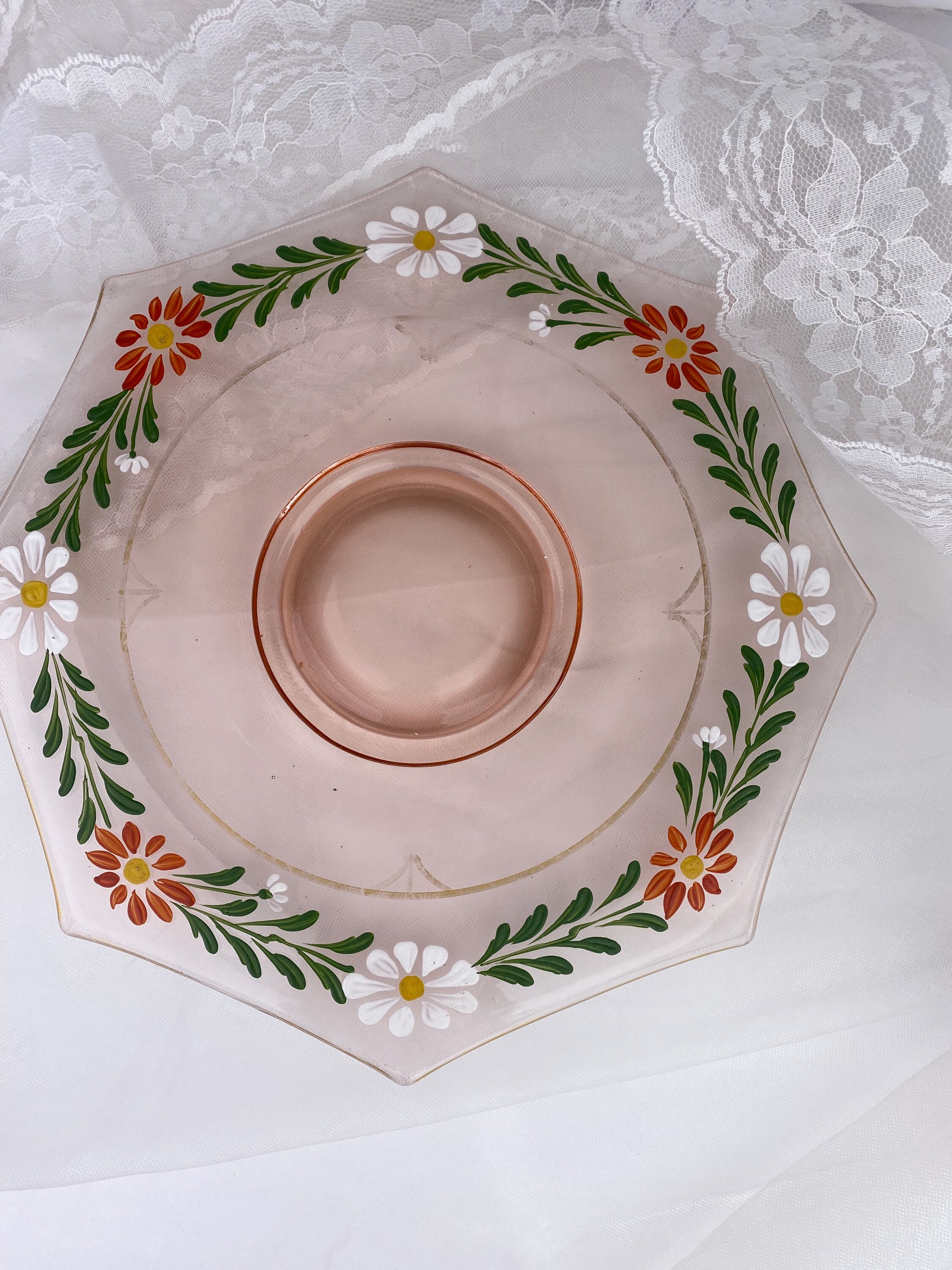 Vintage Depression Glass Handpainted Floral Glass Platter, Octagon Pink ...