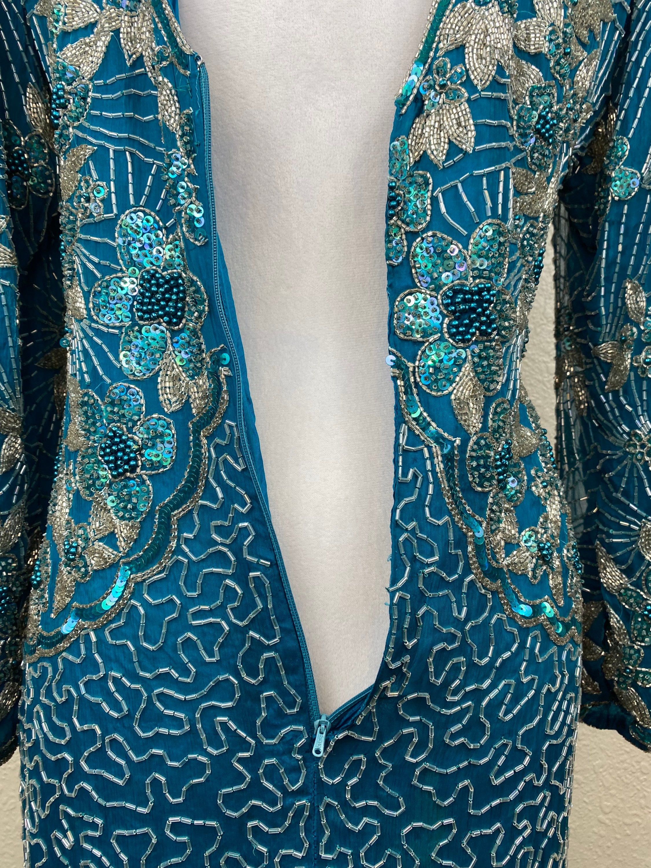 Teal Silk Beaded Dress Vintage 80s Cutout Keyhole Long Sleeve Beaded ...