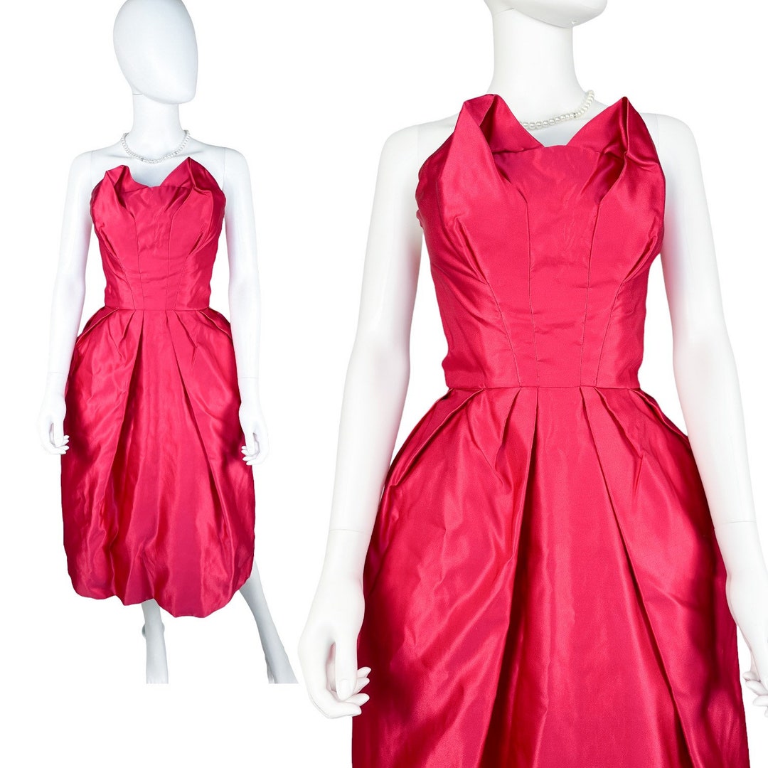 1950s Shelf Bust Strapless Party Dress Shocking Pink Bubble Skirt Tea ...