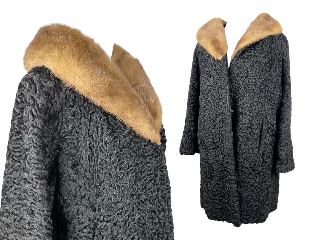 Vintage Black Persian Lamb Fur Coat Mink Fur Collar, 60s Black Curly ...