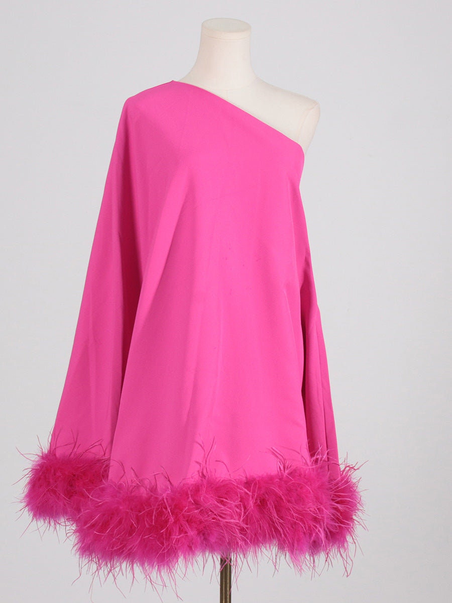 Helen One Shoulder Sleeve Feather Trim Dress Etsy
