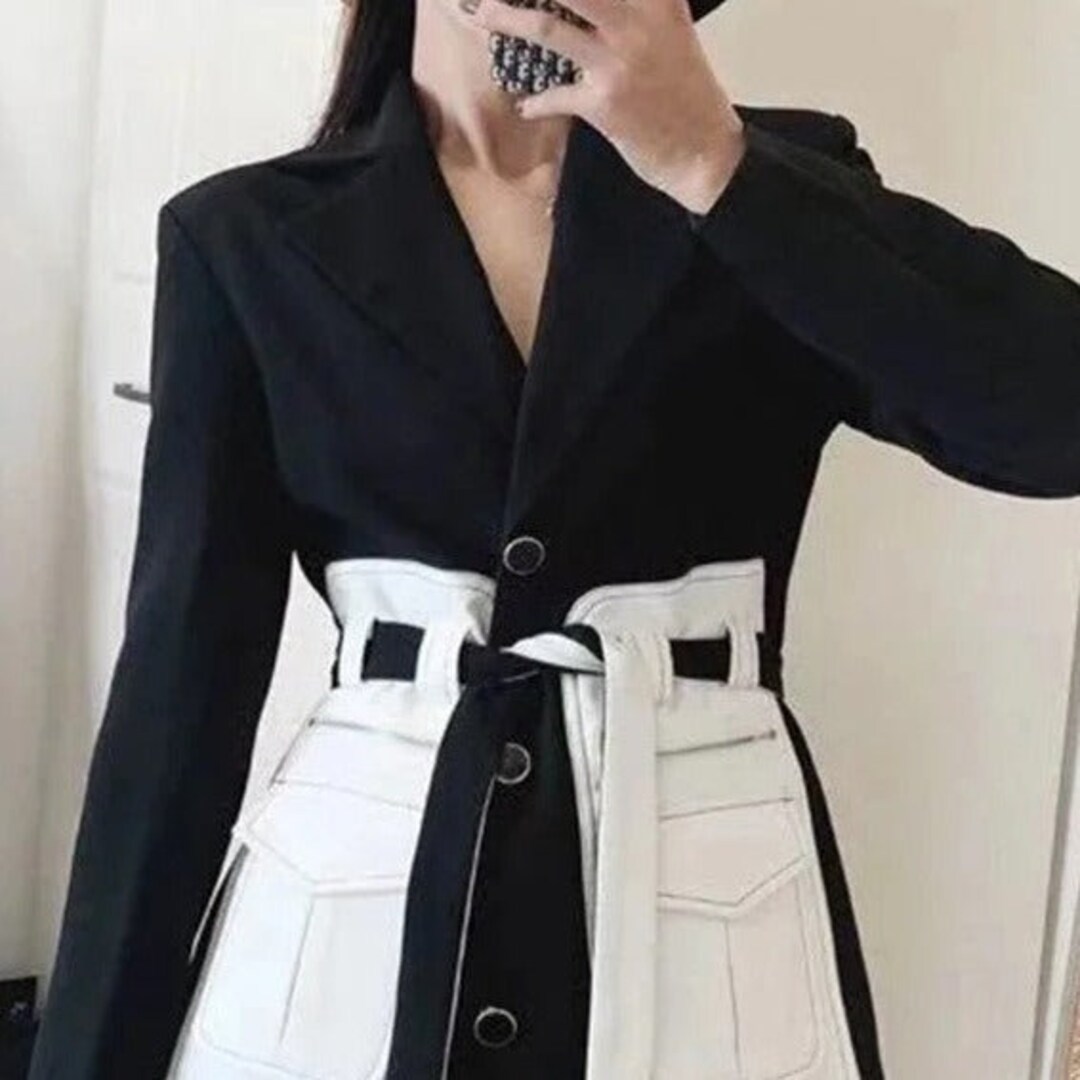 Pepper Contrast-panel Blazer With Belt - Etsy