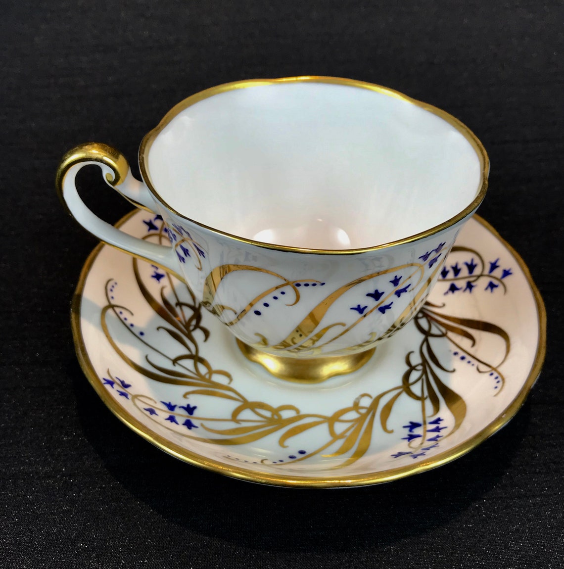 Royal Chelsea Tea Cup and Saucer - Handpainted Gold Ribbons and Blue ...