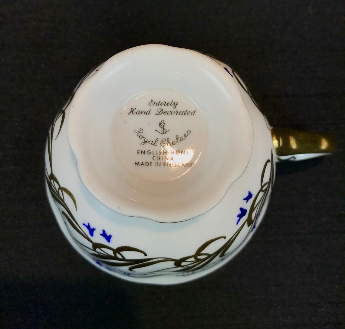 Royal Chelsea Tea Cup and Saucer - Handpainted Gold Ribbons and Blue ...