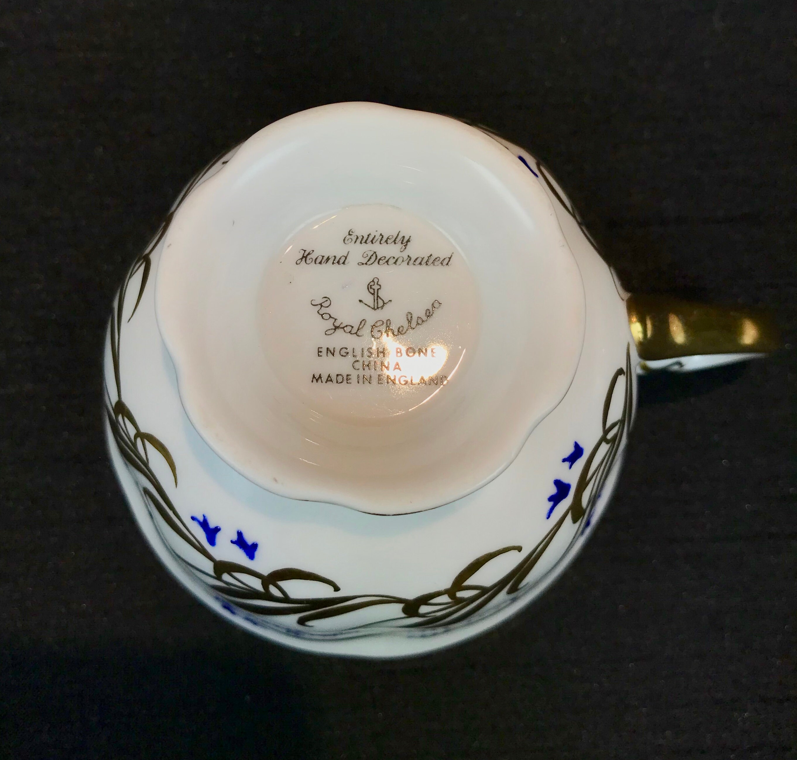 Royal Chelsea Tea Cup and Saucer - Handpainted Gold Ribbons and Blue ...