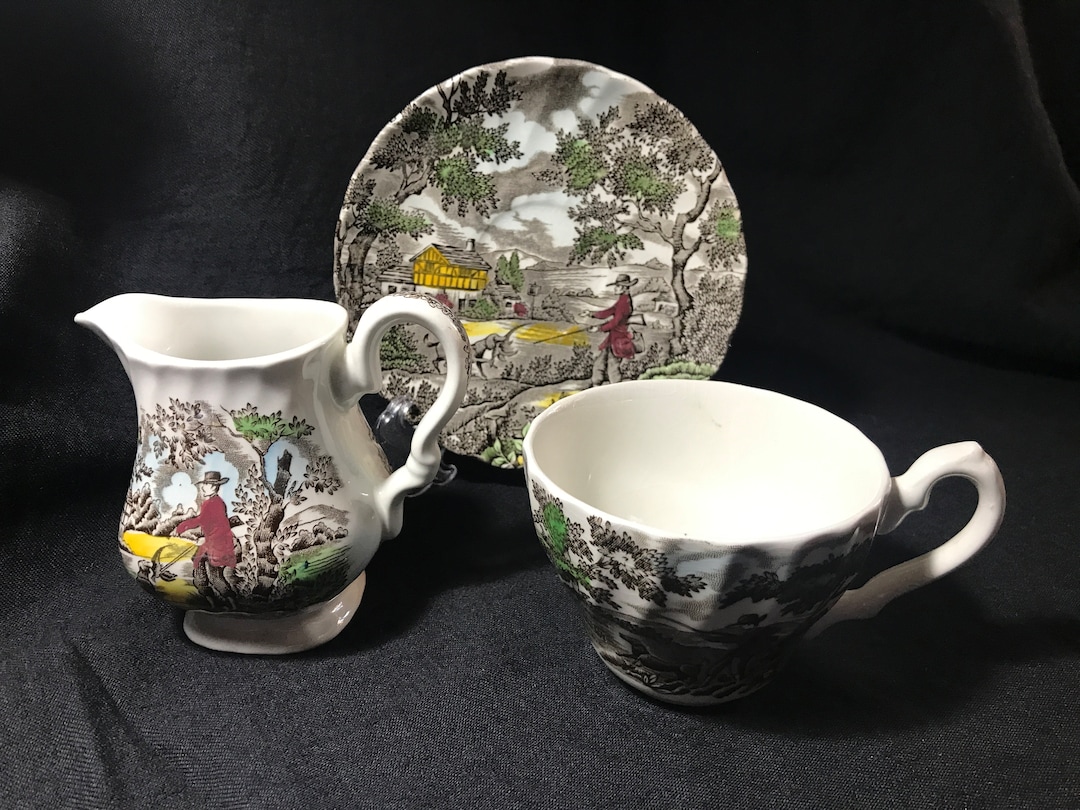 Myott the Hunter Tea Cup, Saucer and Small Creamer Jug, Multicolour ...