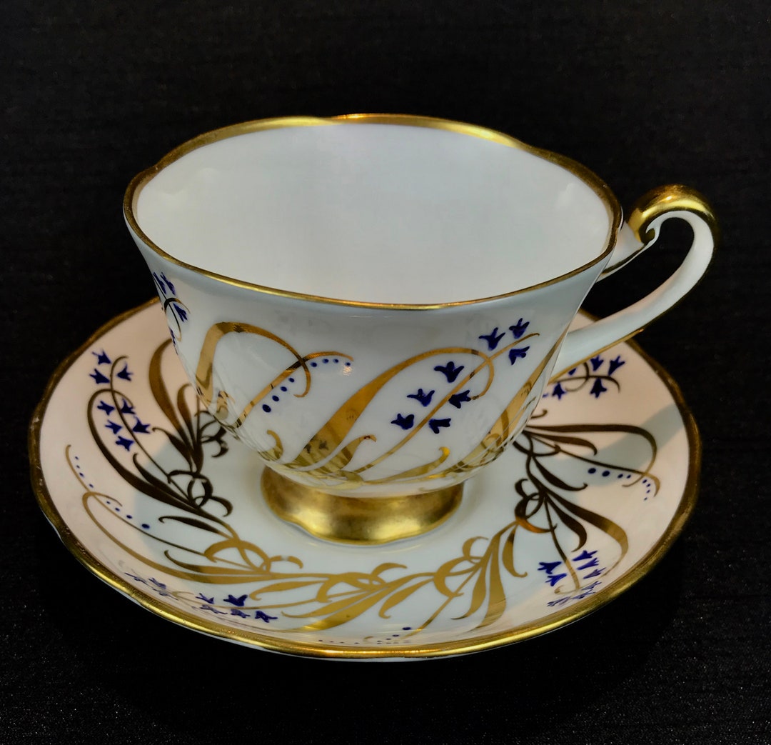 Royal Chelsea Tea Cup and Saucer - Handpainted Gold Ribbons and Blue ...