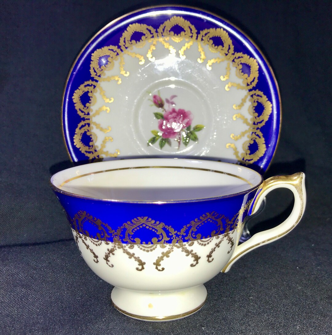 Vintage Aynsley 2146 Tea Cup and Saucer, Cabbage Rose, Cobalt and Gilt ...