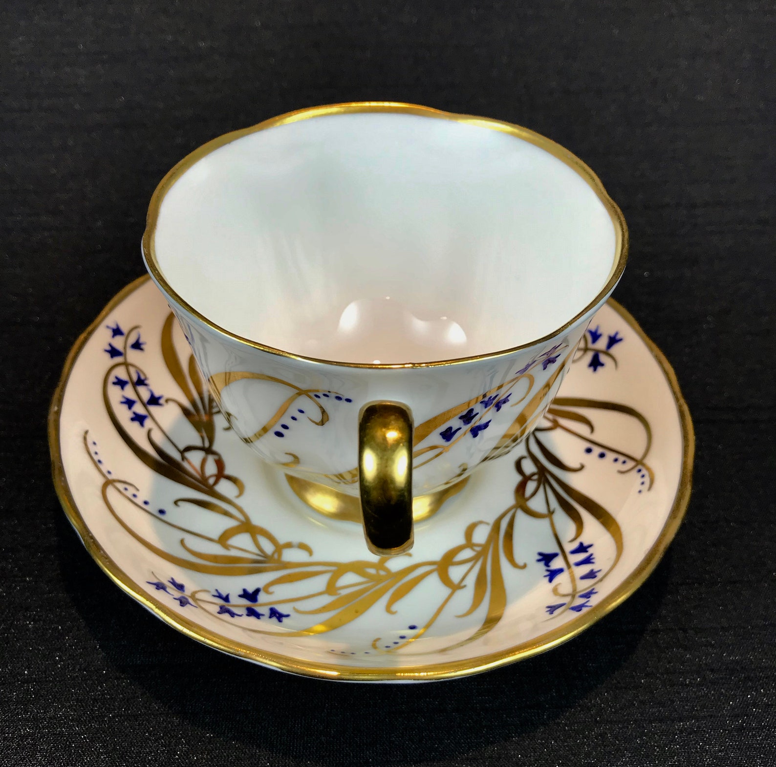 Royal Chelsea Tea Cup and Saucer - Handpainted Gold Ribbons and Blue ...