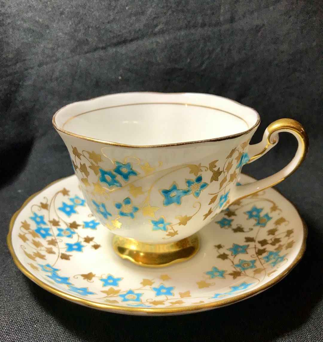 Royal Chelsea Hand Painted Tea Cup and Saucer, Aqua and Blue, Pattern ...