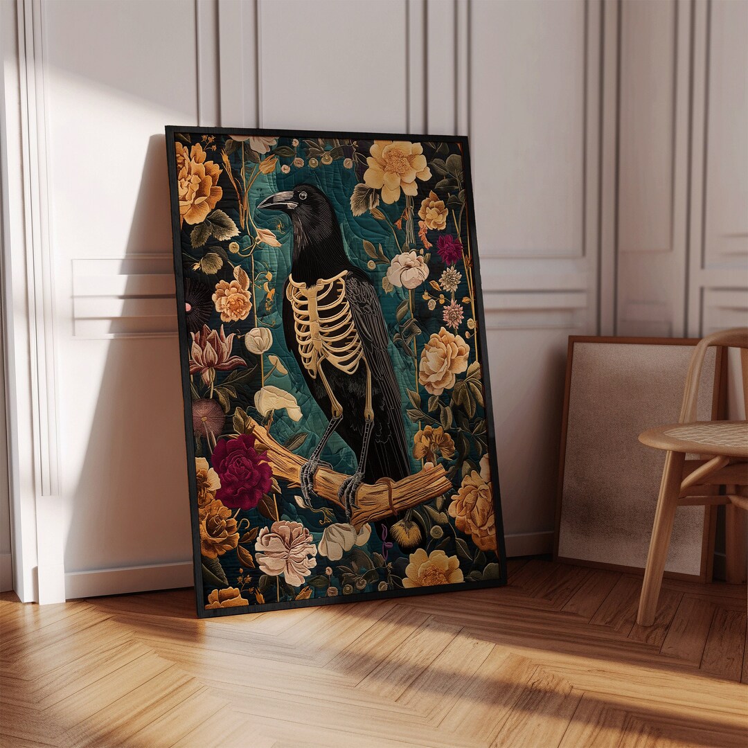 Faux Tapestry Crow, Floral Print, Dark Academia, Cottagecore Aesthetic ...