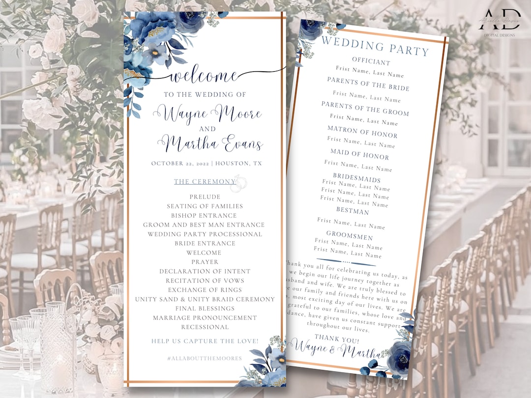 Dusty Blue Wedding Program Template, Floral Wedding Program Printable ...