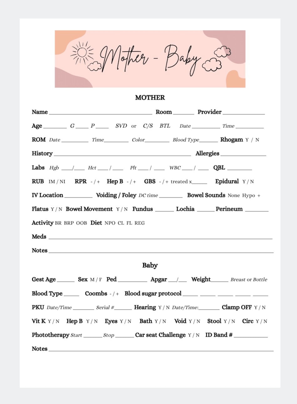 Mother - Baby Report Sheet - Etsy