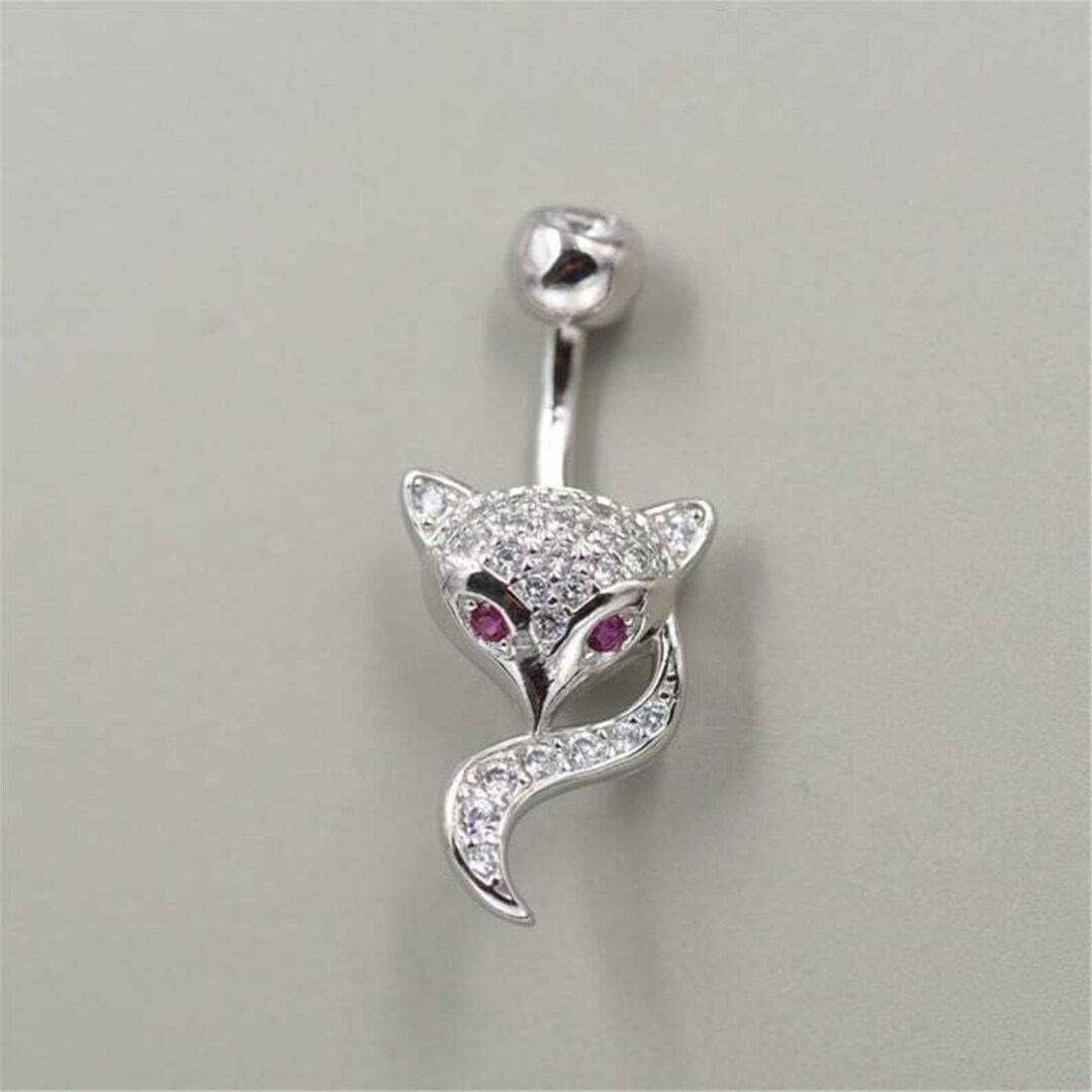Cute Little Fox Belly Button Navel Barbell Ruby & Diamond 14K White ...