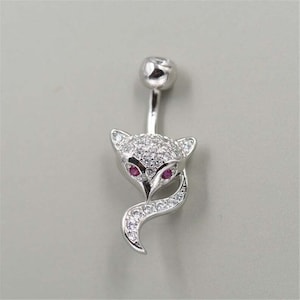Cute Little Fox Belly Button Navel Barbell Ruby & Diamond 14K White ...