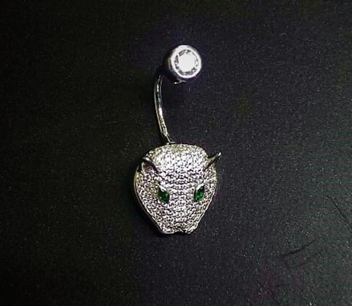 Diamond Emerald Leopard Belly Button Ring in 18K White Gold Finish ...
