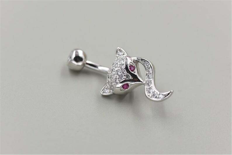Cute Little Fox Belly Button Navel Barbell Ruby & Diamond 14K White ...