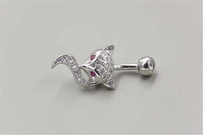 Cute Little Fox Belly Button Navel Barbell Ruby & Diamond 14K White ...
