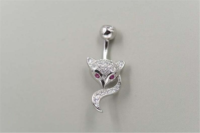 Cute Little Fox Belly Button Navel Barbell Ruby & Diamond 14K White ...