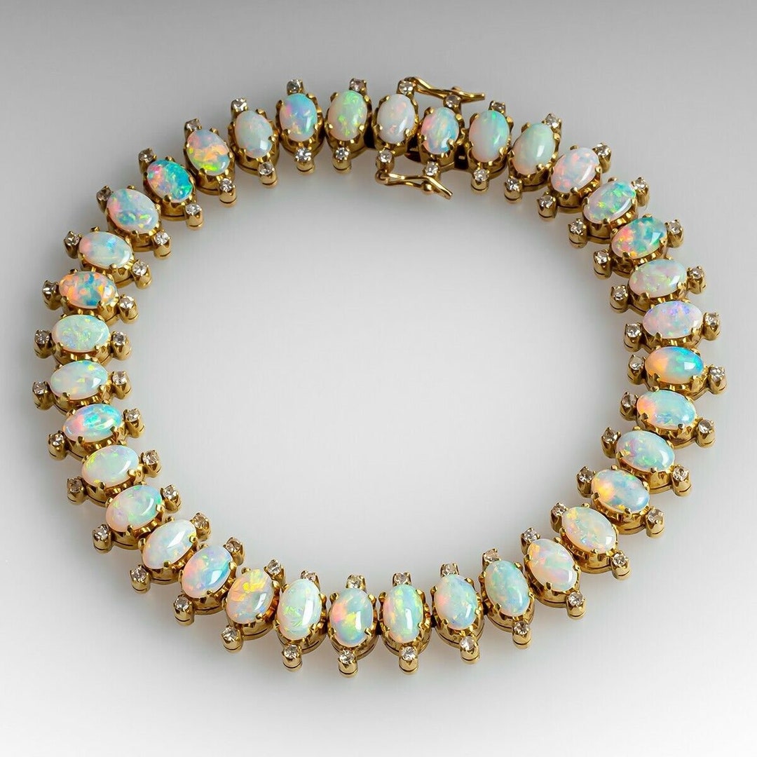 12ct Opal Bracelet White Diamond 18K Yellow Gold Over 7.5" for Women's 925 Silver - Etsy