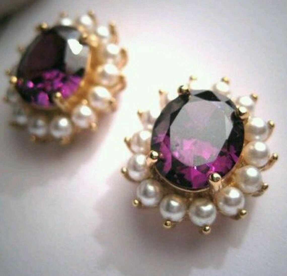 2ct Oval Cut Amethyst Lab-created Pearl Halo Stud Earrings 14K Yellow ...